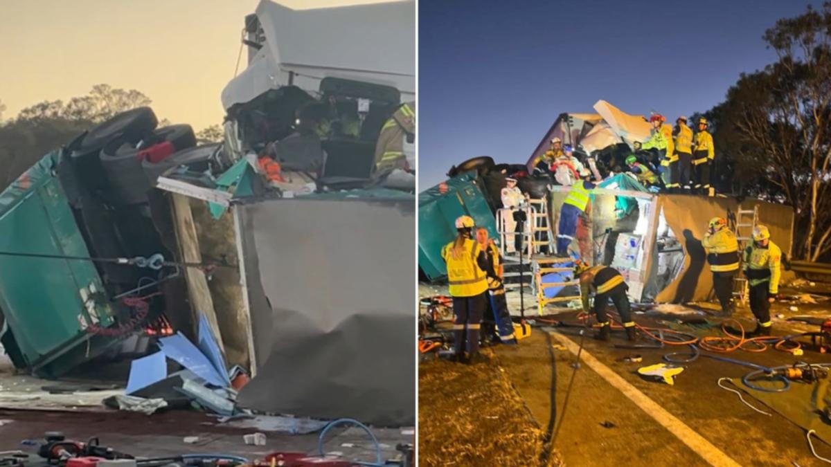 Man dead, another trapped and fighting for life after B-double trucks ...
