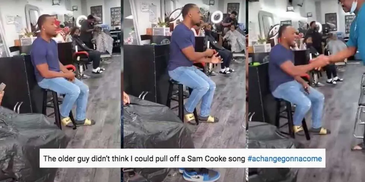 Guy at a barbershop sings a Sam Cooke song and blows everyone away ...